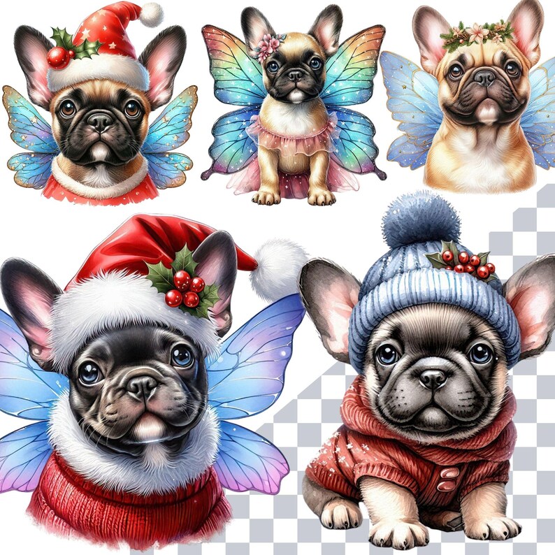 Christmas French Bulldog Clipart Bundle, Holiday Frenchie Dog PNG ...