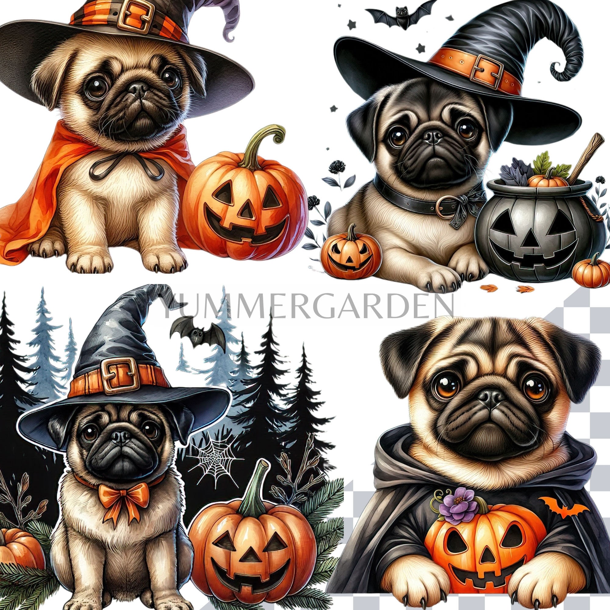 Bundle 30 Kawaii Halloween Pug Clipart, Vampire Witchy Spooky Pug PNG ...