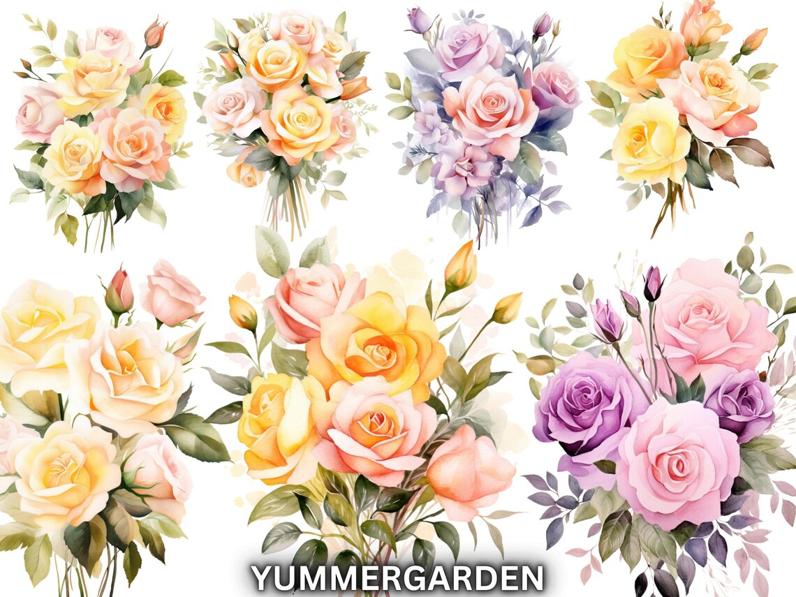 44 Watercolor Pastel Roses Clip Art Bundle Pink Blue Peach - Etsy