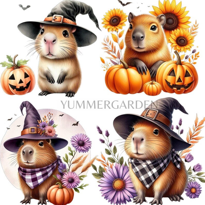 Bundle 30 Capybara Halloween Clipart, Kawaii Spooky Capybara PNG Bundle ...