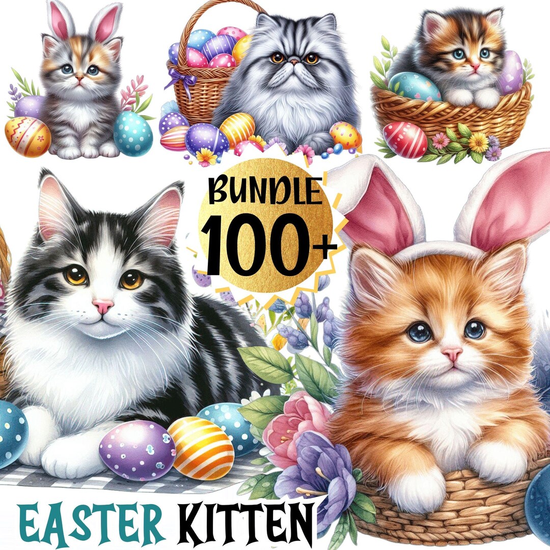 Easter Kitten Clipart Bundle, Kawaii Cat Easter Eggs Clip Art Set ...
