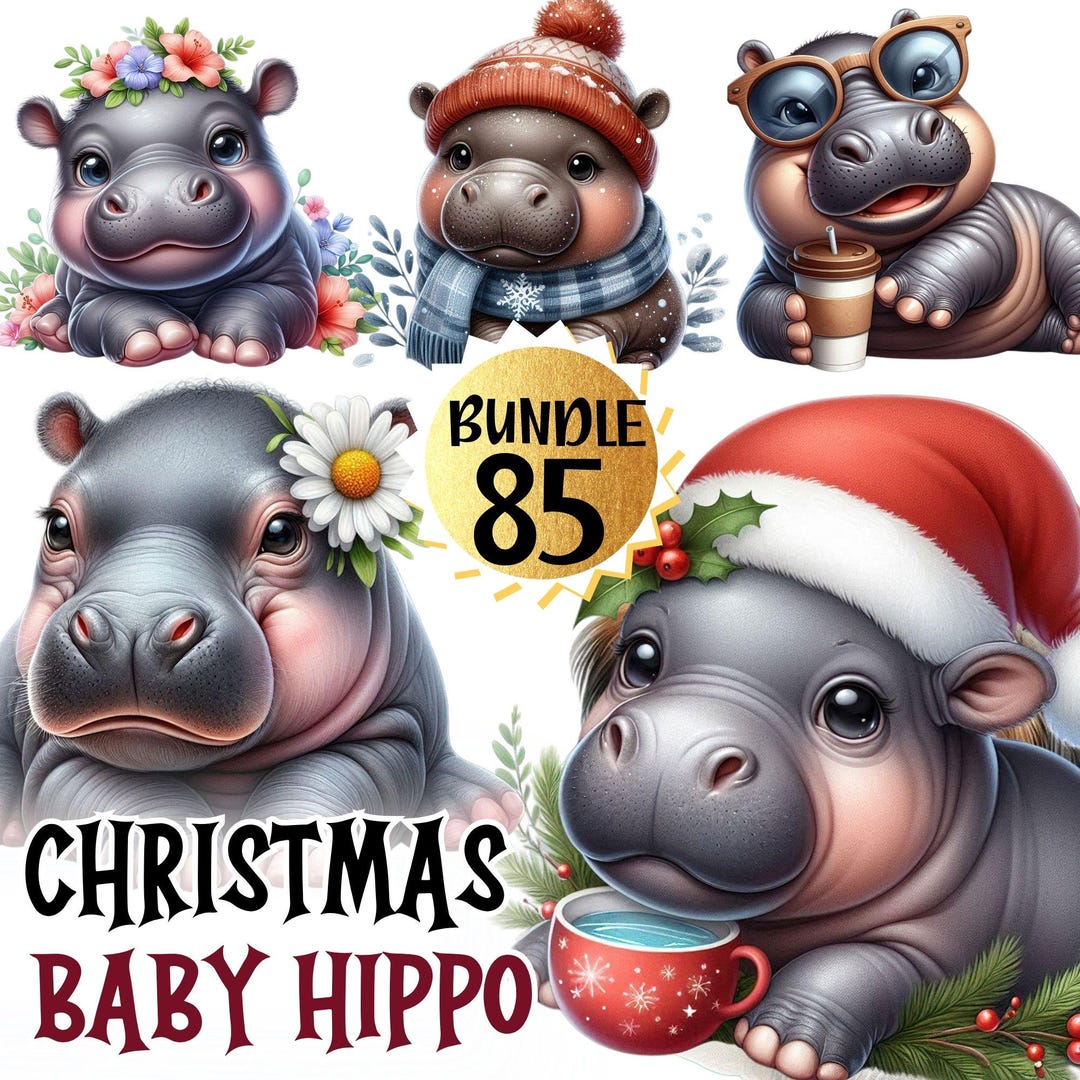 Christmas Baby Hippo Watercolor Clipart Bundle. Kawaii Woodland Animal ...
