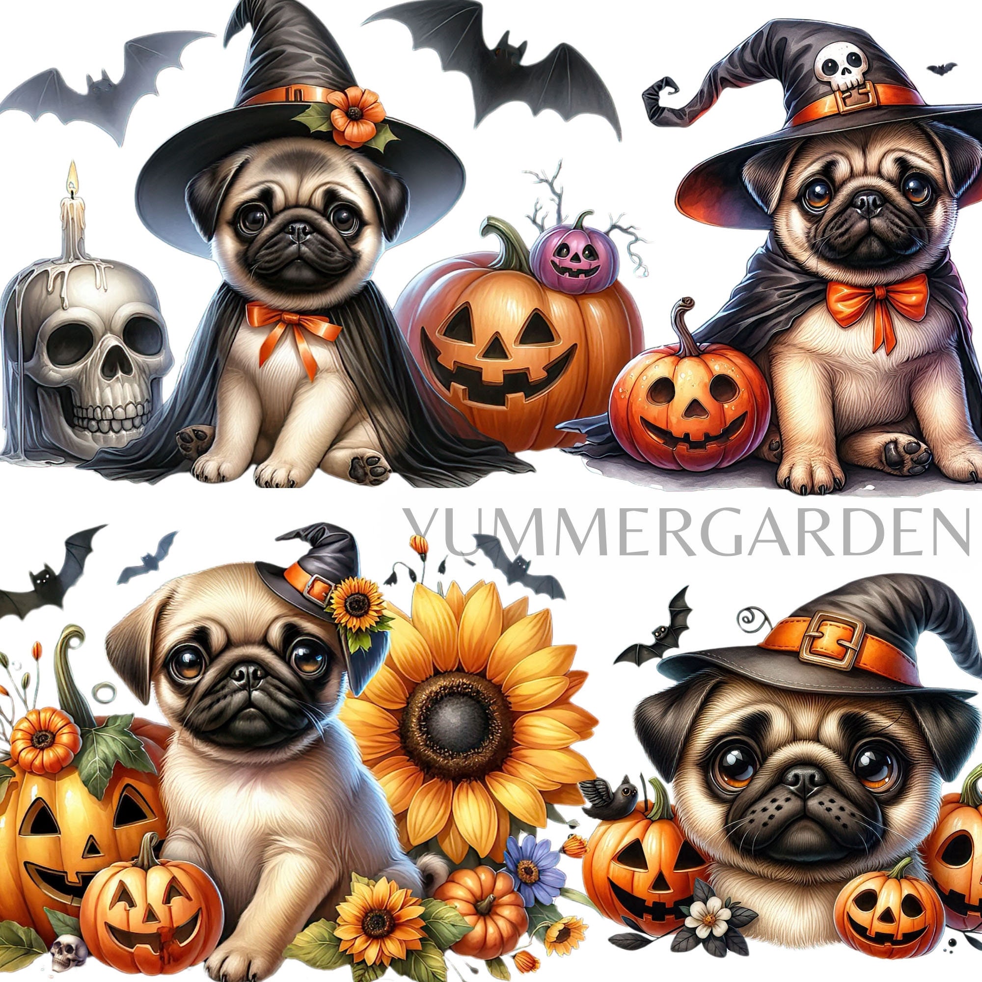 Bundle 30 Kawaii Halloween Pug Clipart, Vampire Witchy Spooky Pug PNG ...