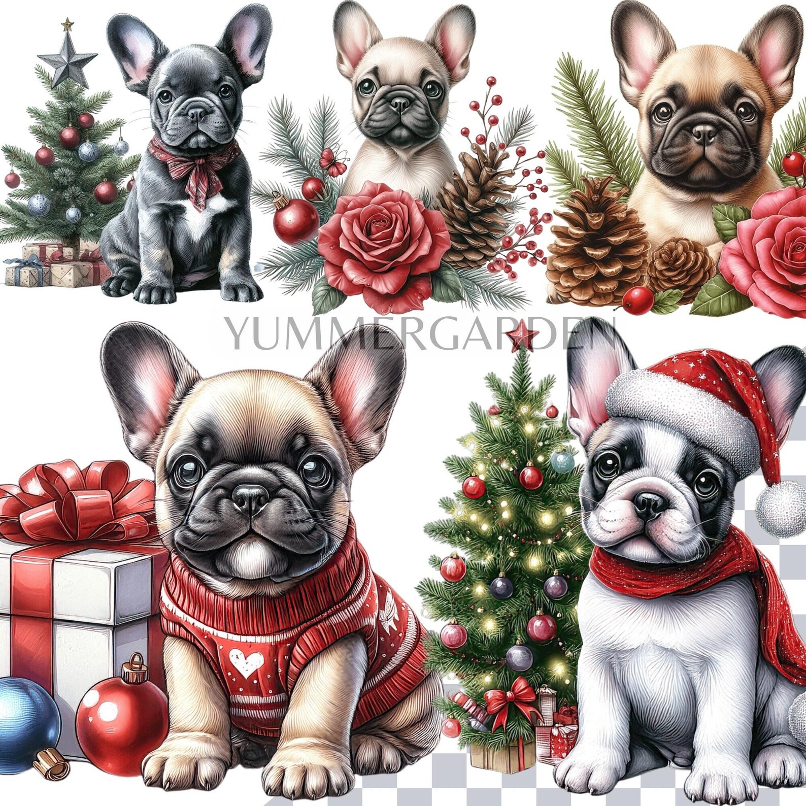 Christmas French Bulldog Clipart Bundle, Holiday Frenchie Dog PNG ...