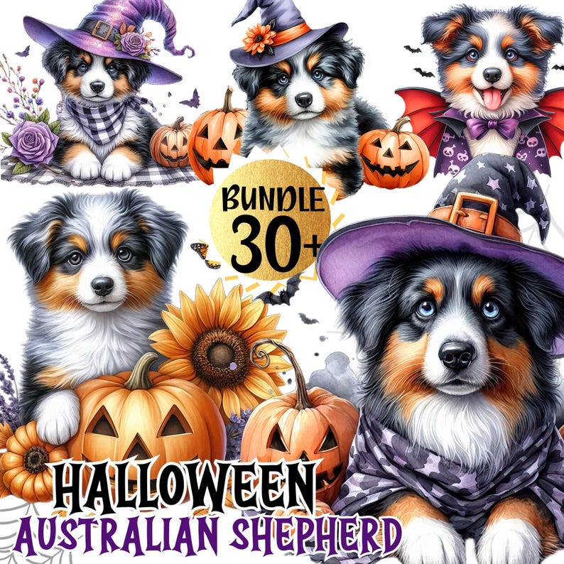 Halloween Australian Shepherd Clipart Bundle: Witchy Spooky Dog PNG ...