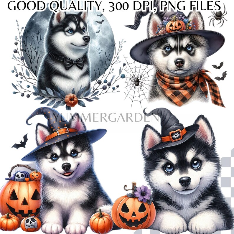 Bundle 30+ Halloween Husky Puppy Clipart, Cute Husky PNG Bundle, Kawaii ...