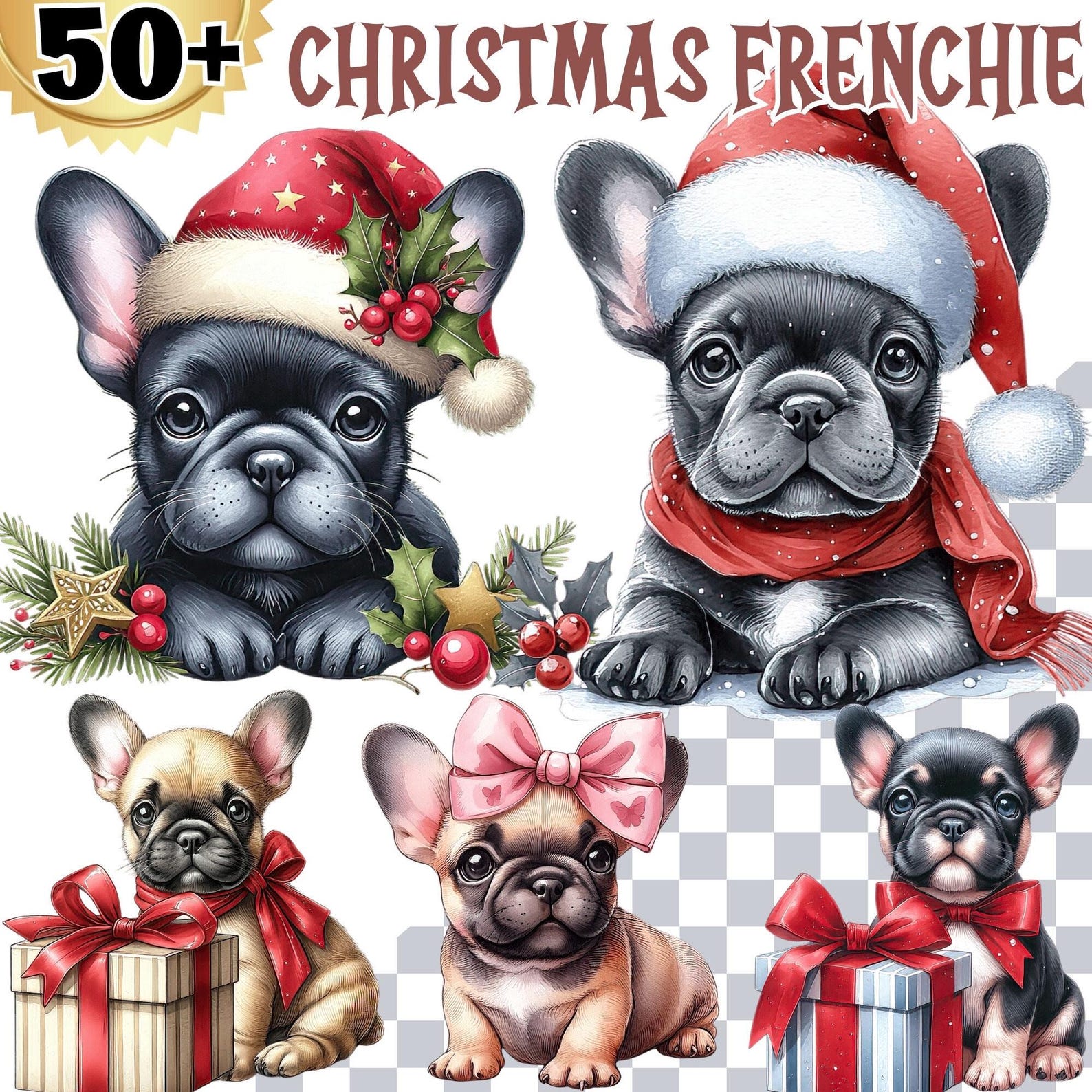 Christmas French Bulldog Clipart Bundle, Holiday Frenchie Dog PNG ...