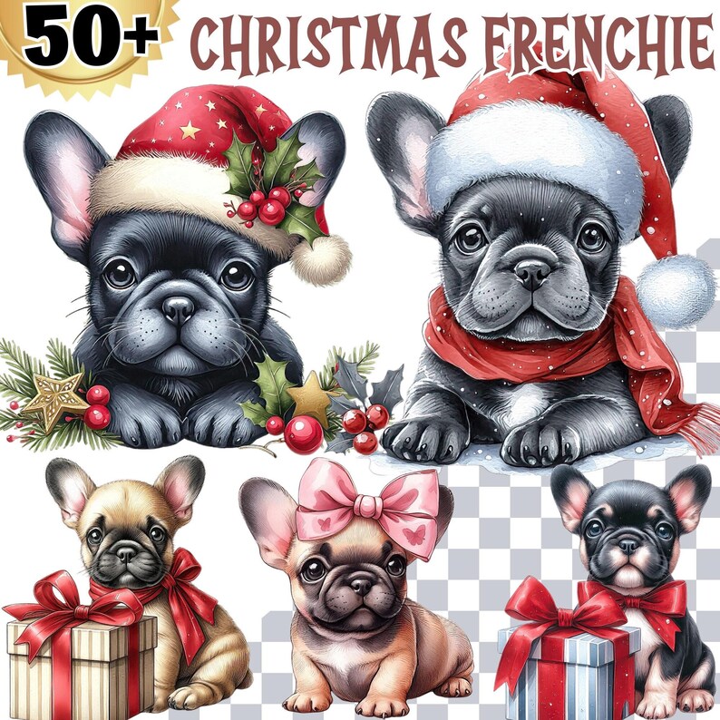 Christmas French Bulldog Clipart Bundle, Holiday Frenchie Dog PNG ...