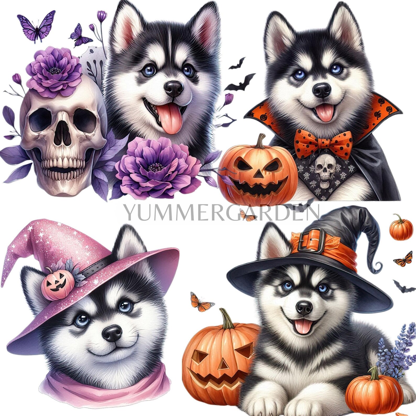 Bundle 30+ Halloween Husky Puppy Clipart, Cute Husky PNG Bundle, Kawaii ...
