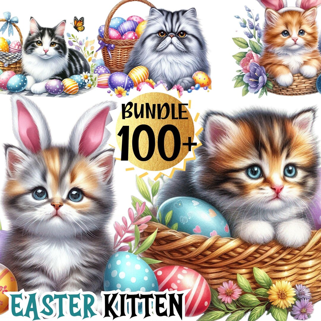 Easter Cat Clipart Bundle, Kawaii Cat Easter Eggs Clip Art Set, Kitten ...
