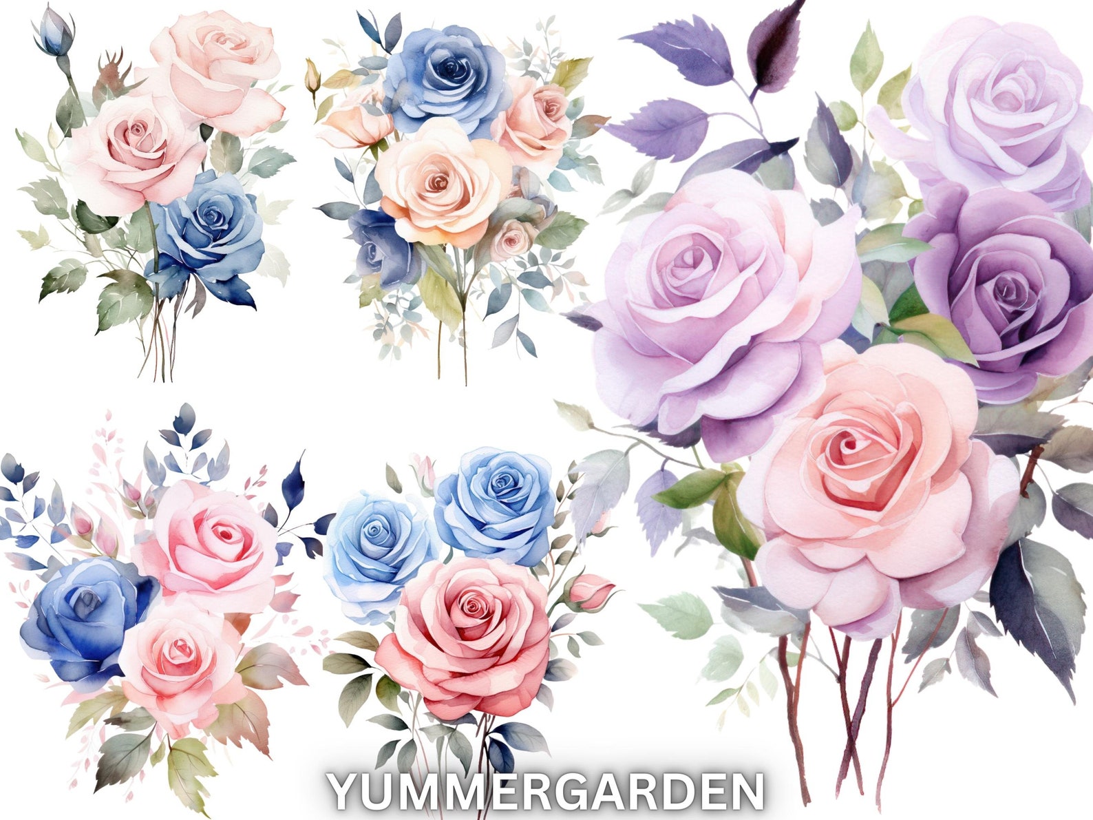 44 Watercolor Pastel Roses Clip Art Bundle Pink Blue Peach - Etsy