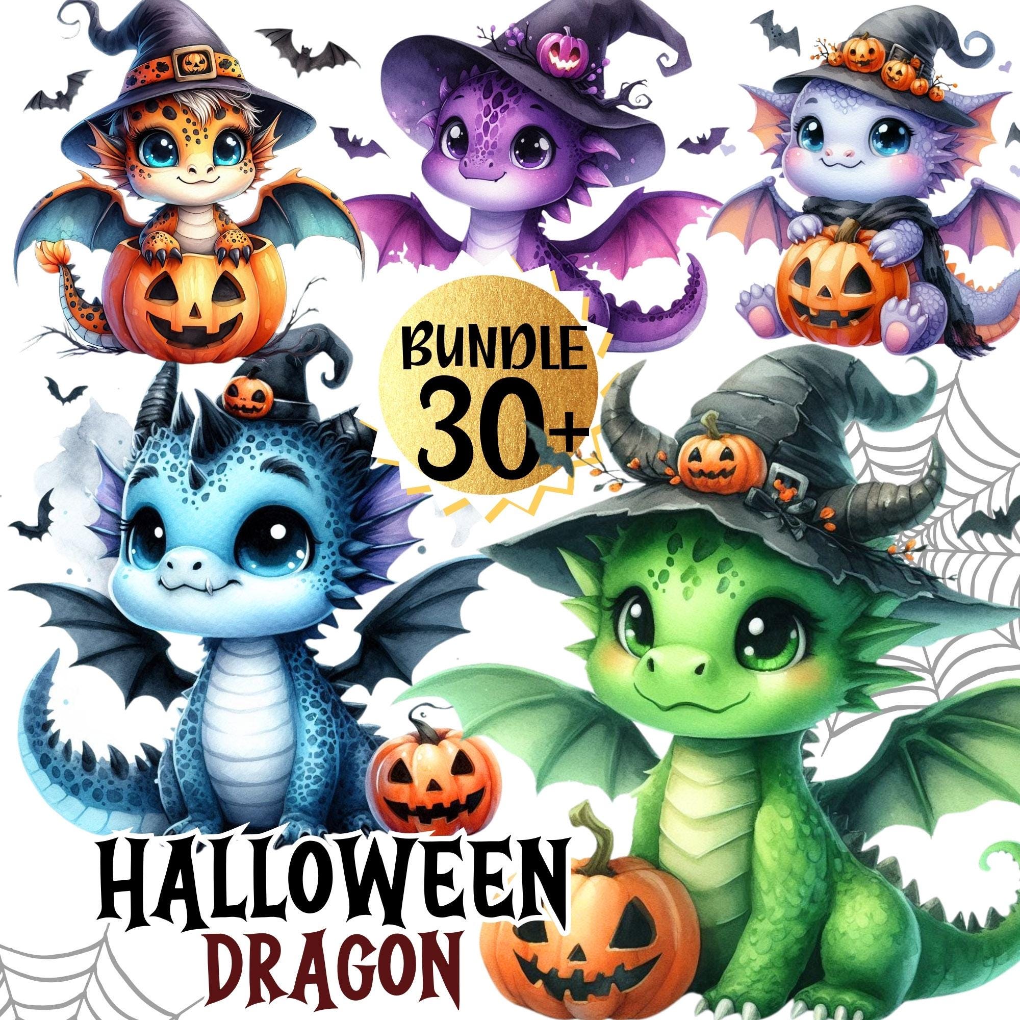 Bundle 30 Halloween Dragon Clipart Bundle, Baby Dragon Digital Sticker ...