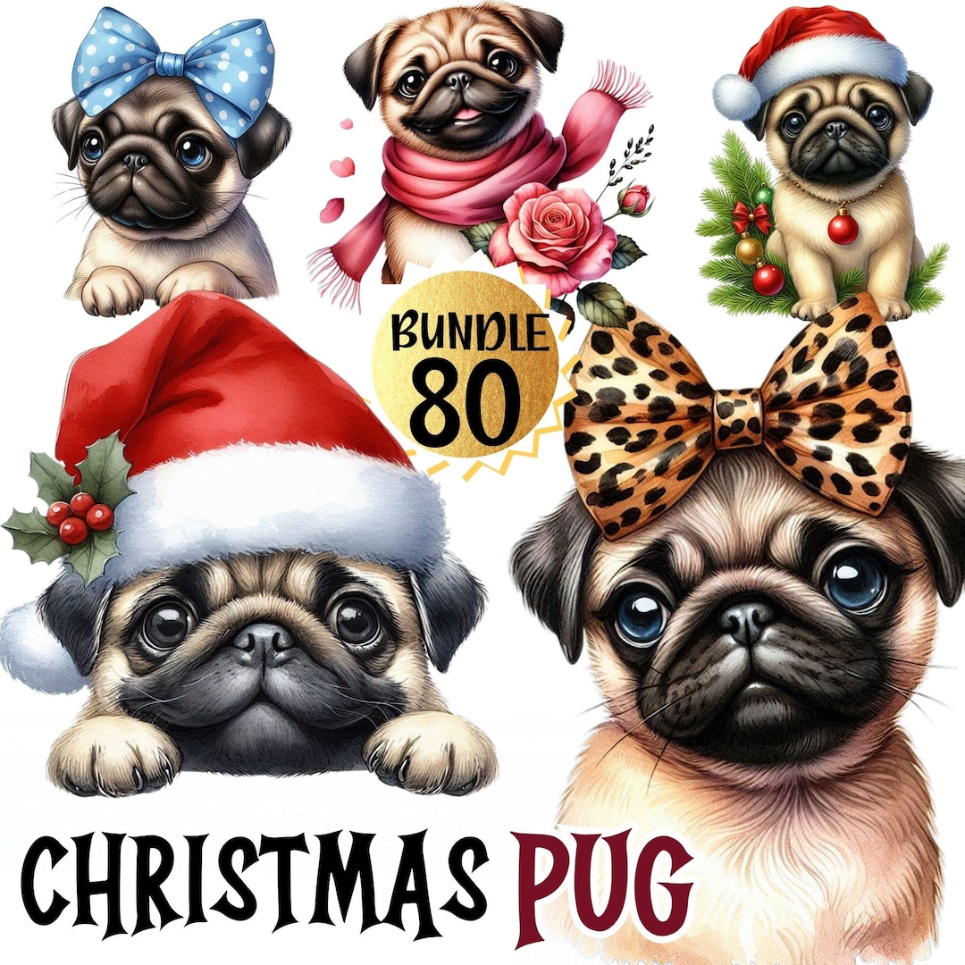 Cute Pug Clipart Bundle, Winter Pug PNG Set, Coquette Bow Pug ...