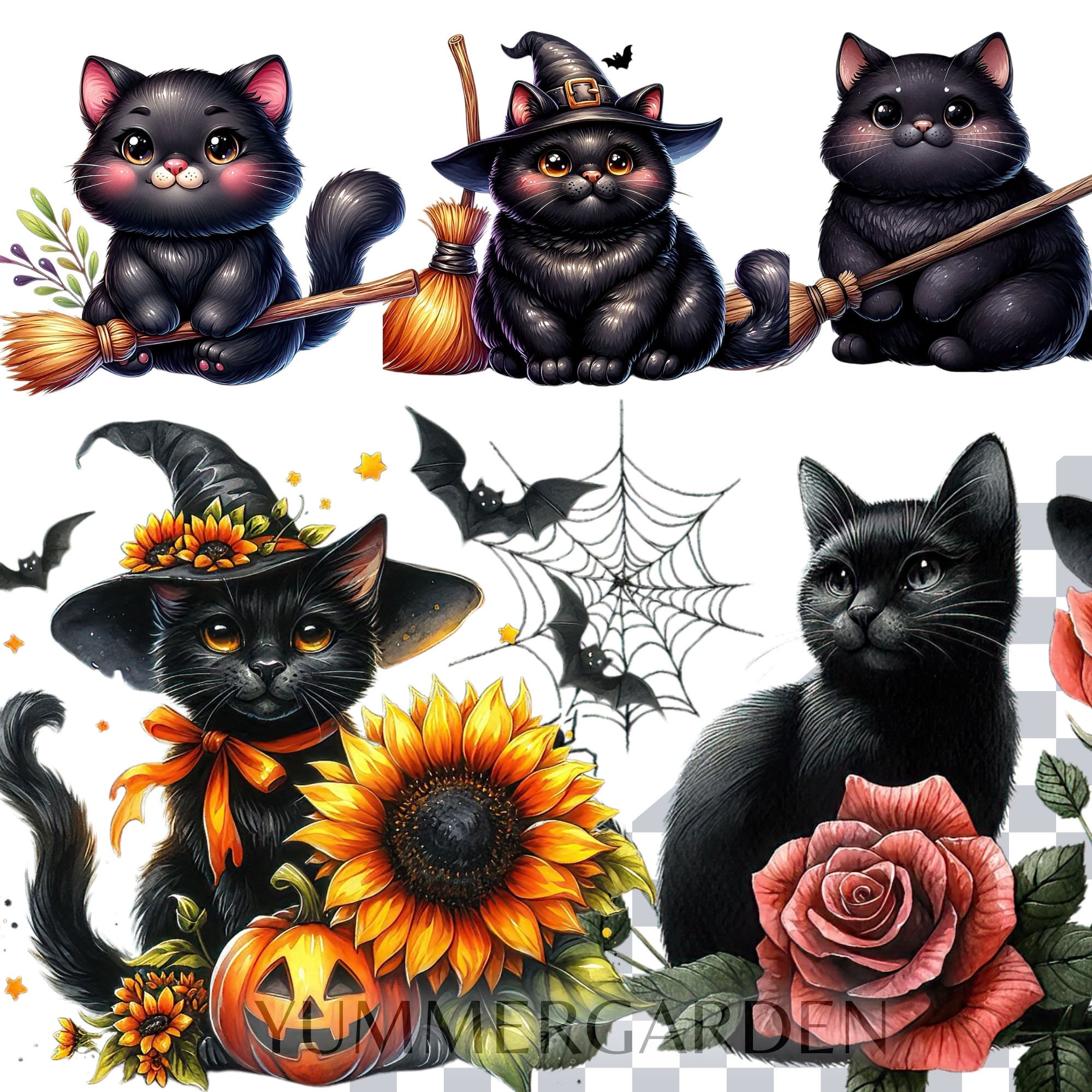 Bundle 40 Halloween Black Cat Clipart, Cat and Sunflower Pumkin ...