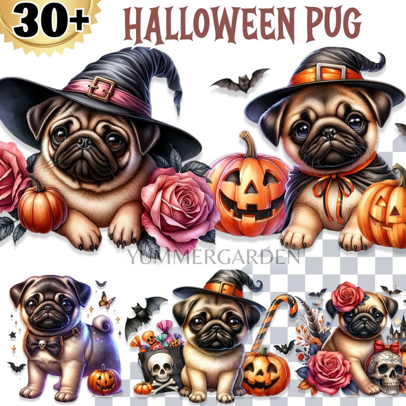 Bundle 30 Kawaii Halloween Pug Clipart, Vampire Witchy Spooky Pug PNG ...