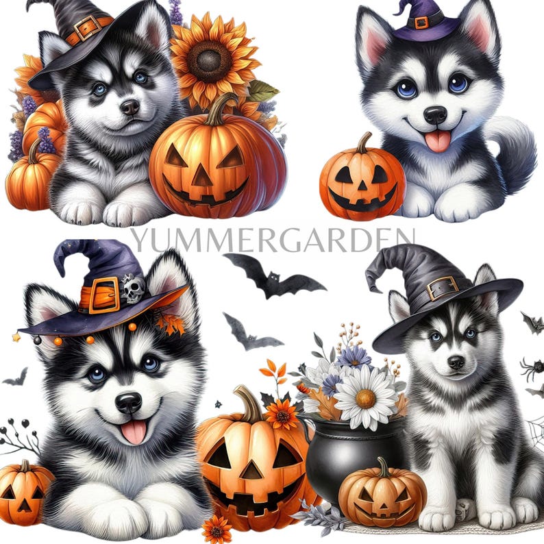 Bundle 30+ Halloween Husky Puppy Clipart, Cute Husky PNG Bundle, Kawaii ...