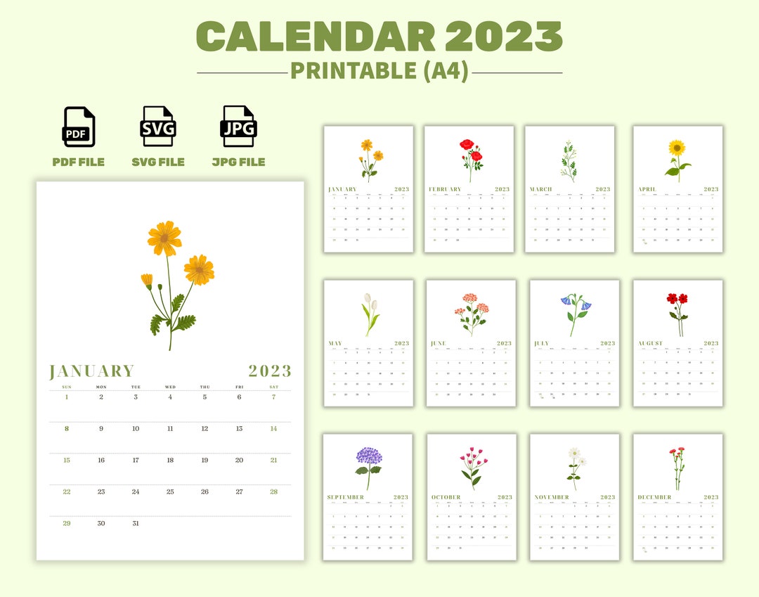 2023 Calendar Printable, Monthly Planner 2023, Pdf and Svg and Jpg File ...