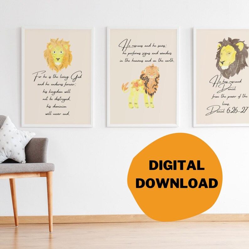Daniel in the Lions' Den Set of 3 Bible Story Printable Wall Art ...