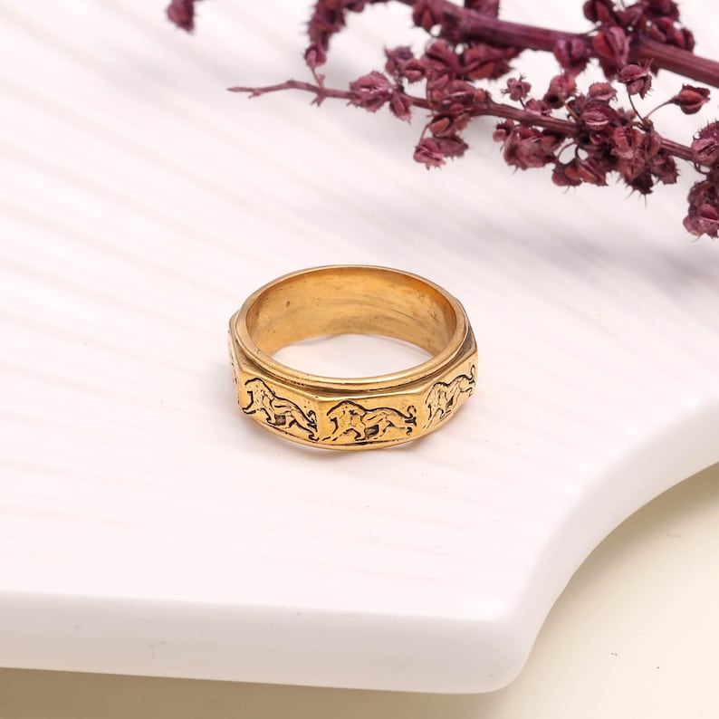 Gold Vintage Lion Engraved Band Ring | Boho Statement Ring for Men ...