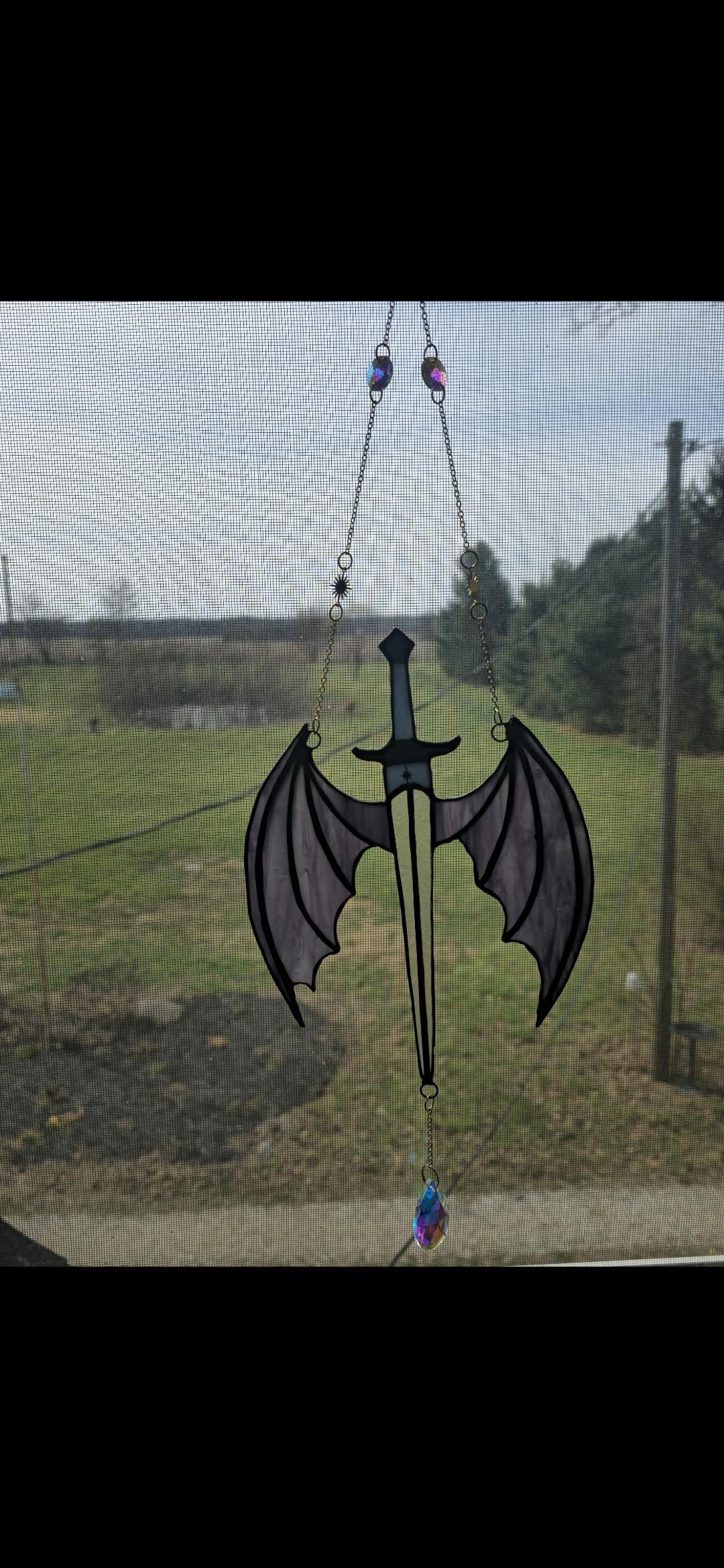 Acotar Decor Stained Glass MADE TO ORDER Suncatcher Bat Wings Sword ...