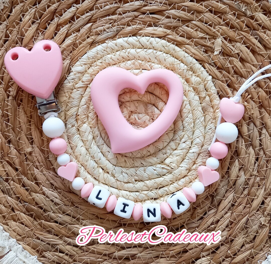 Personalized Pacifier Clip Pink Heart Matching Silicone Heart Baby ...