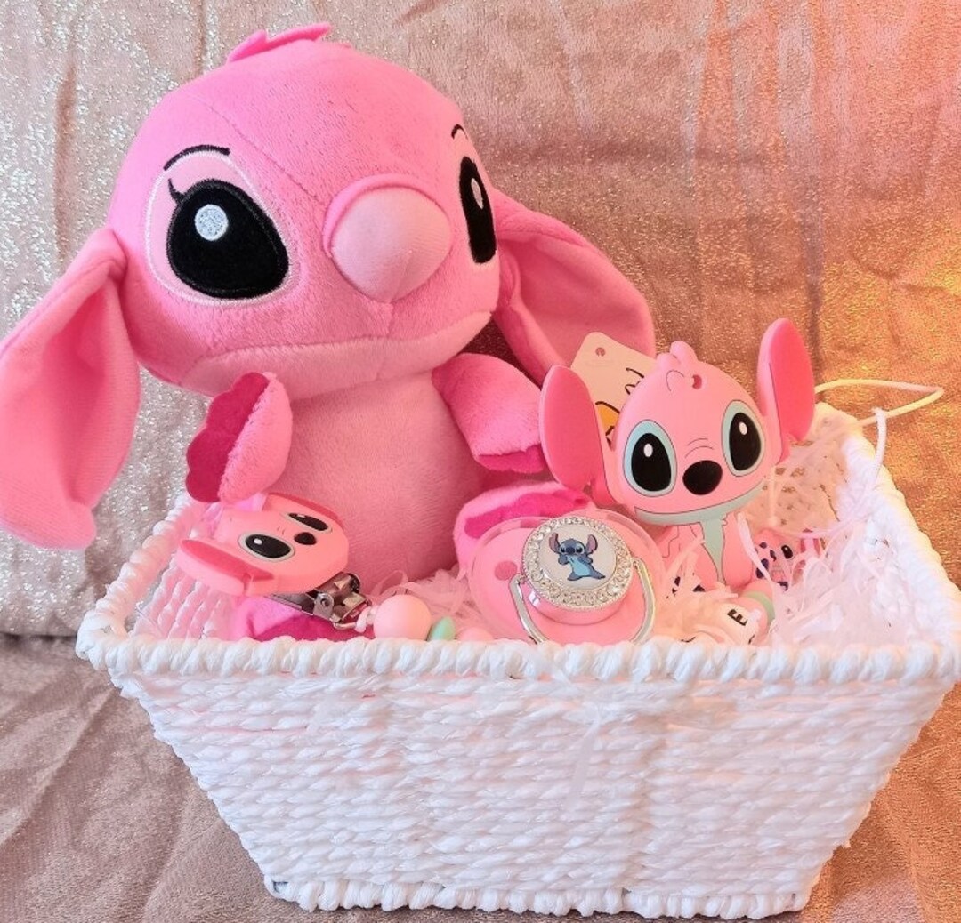 Stitch Rose Birth Gift Basket + Personalized Angel Stitch Pacifier Clip ...