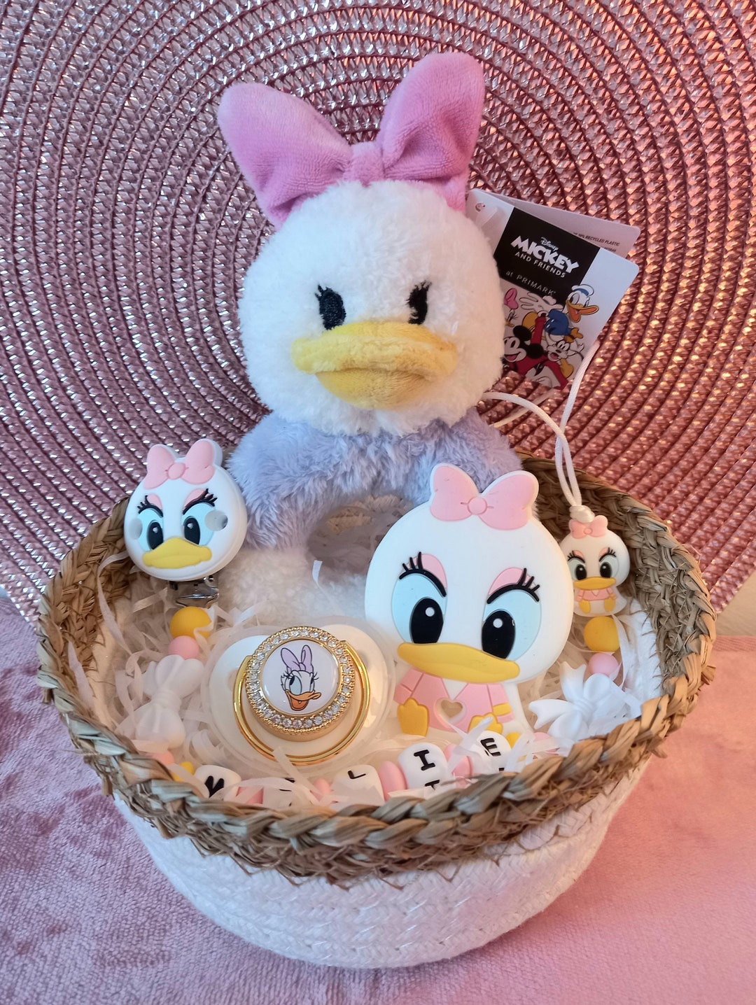 Duck Birth Gift Basket + Personalized Pacifier Clip + Plush Rattle ...