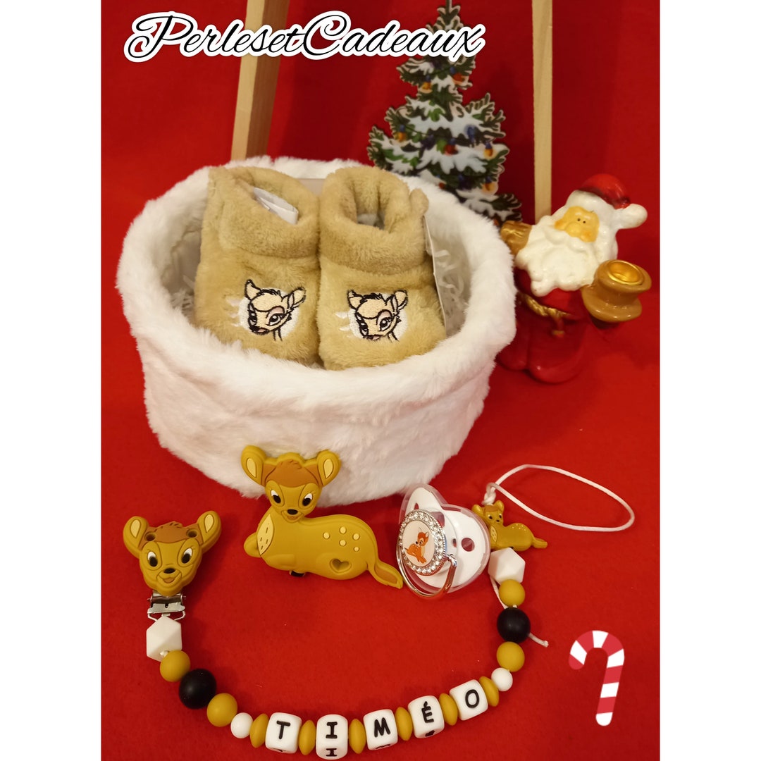 Bambi Fawn Birth Gift Basket Personalized Bambi Pacifier Clip Slippers ...
