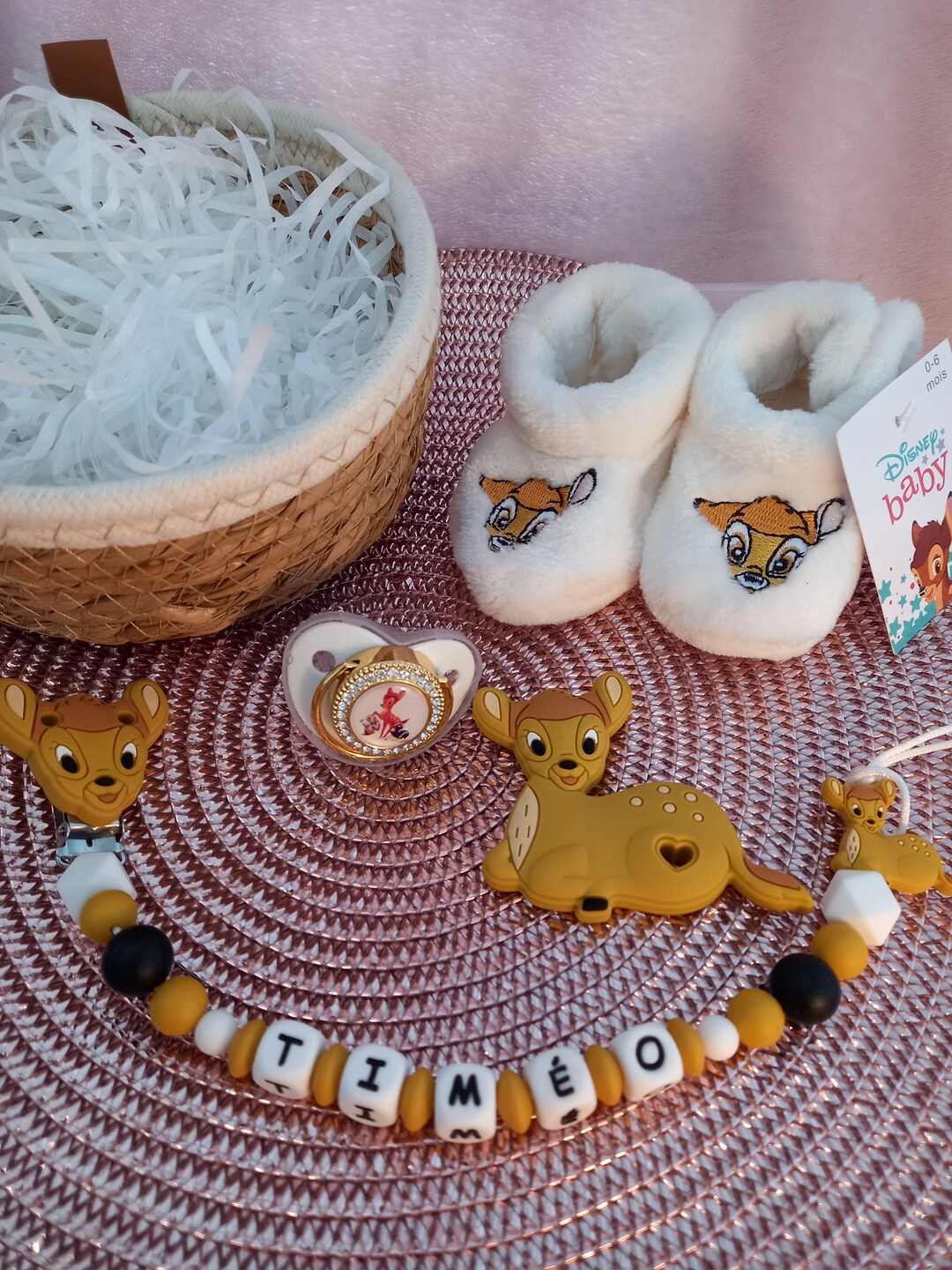 Bambi Birth Gift Basket Personalized Pacifier Clip Bambi Girl or Boy ...