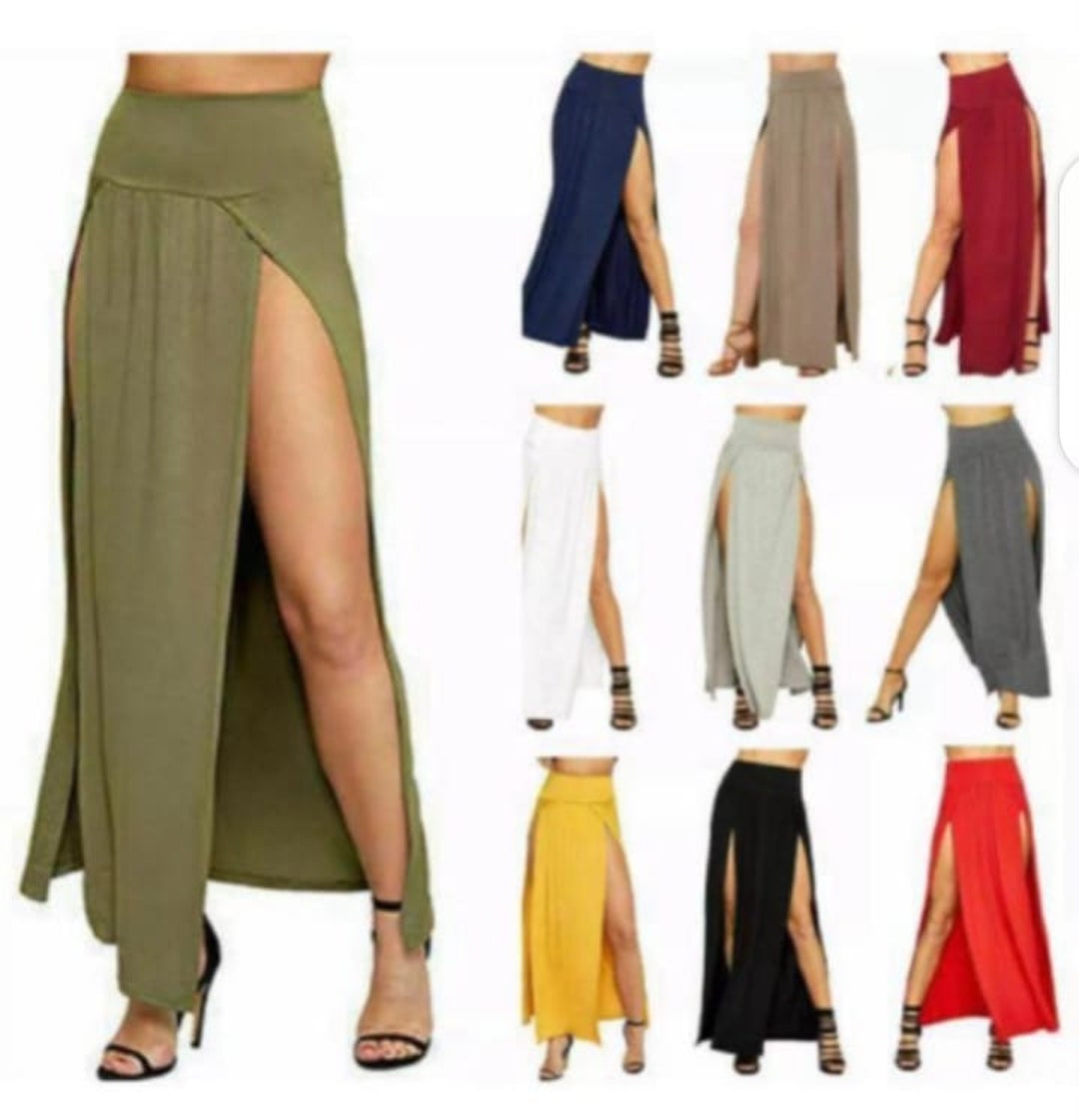 Women Ladies Double Side Slit Split Plain Black Stretchy Gypsy Maxi ...