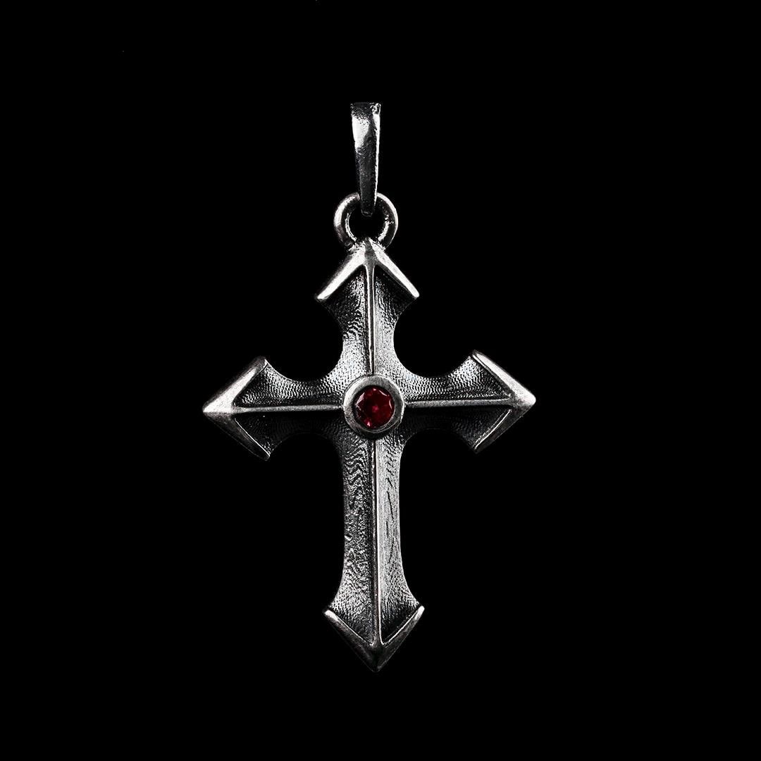 Ruby Gothic Cross Pendant – Oxidized Silver Crucifix, Faith Jewelry ...