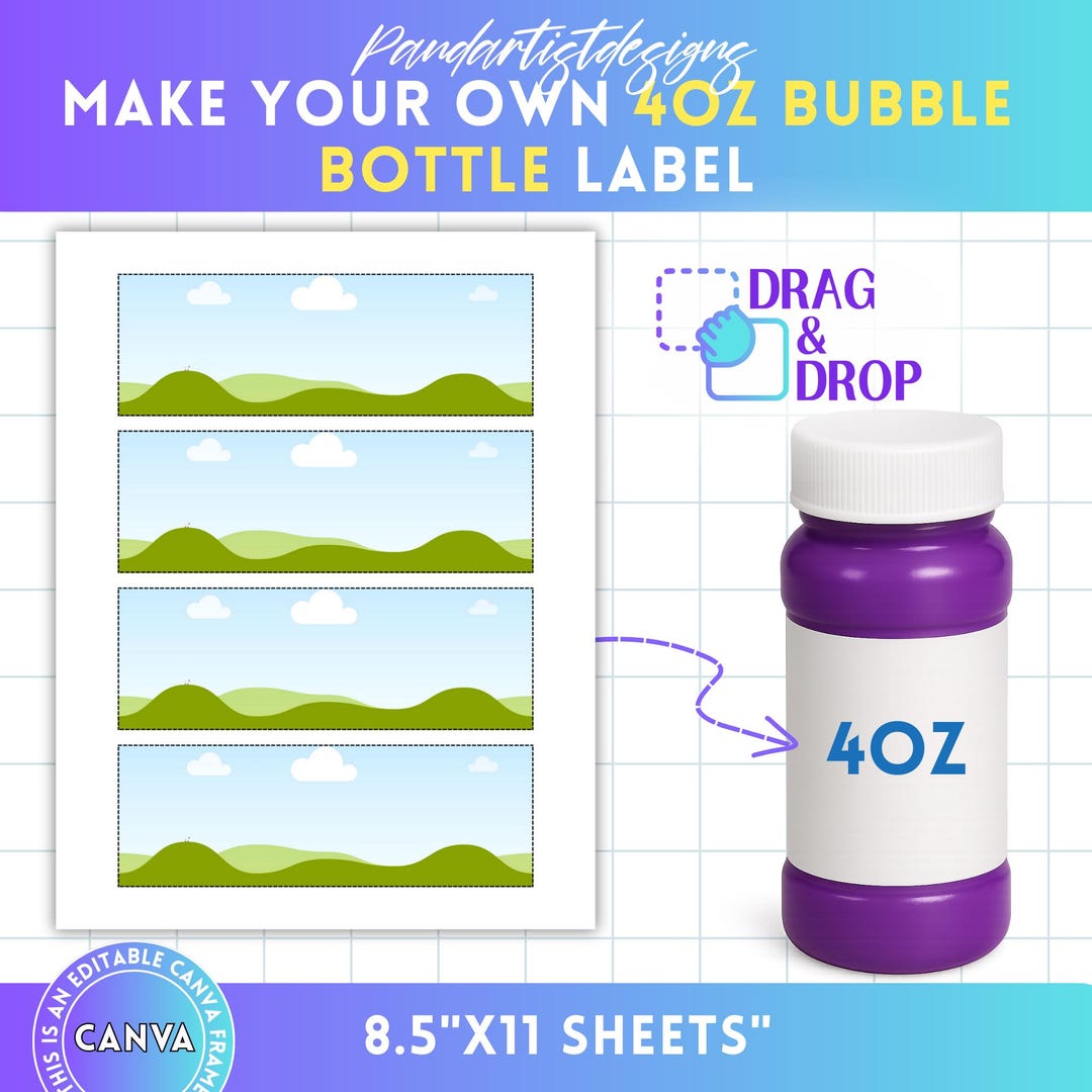 4oz Bubble Bottle Label Editable Canva Template, Kids Party Favor, Drag ...