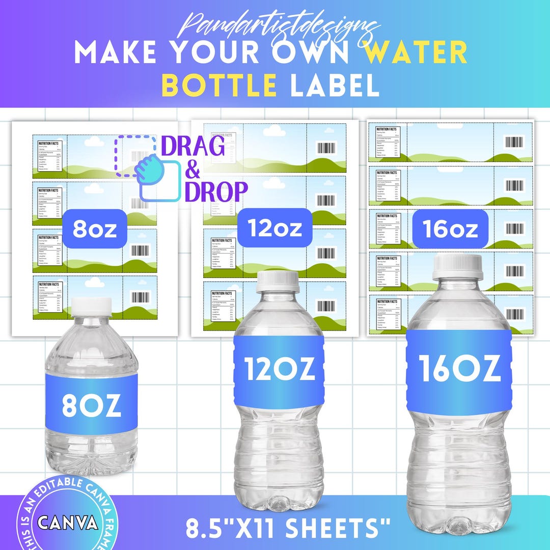 8, 12, 16 Oz Water Bottle Label Bundle, Blank Template, Water Bottle ...