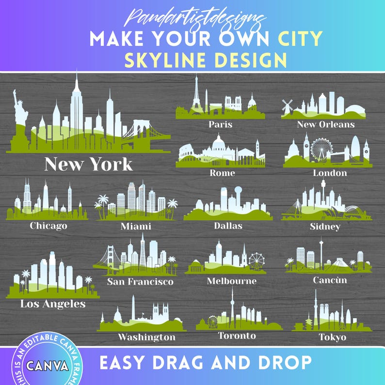 City Skyline Custom Canva Frame Bundle, Drag and Drop, USA City Skyline ...