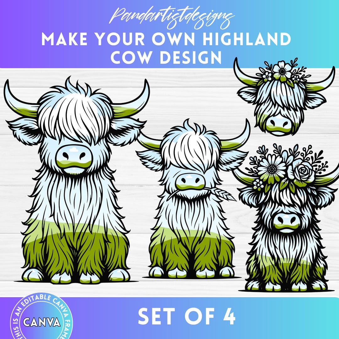 Highland Cow Editable Canva Frames Bundle, Floral Cow Head Clipart ...