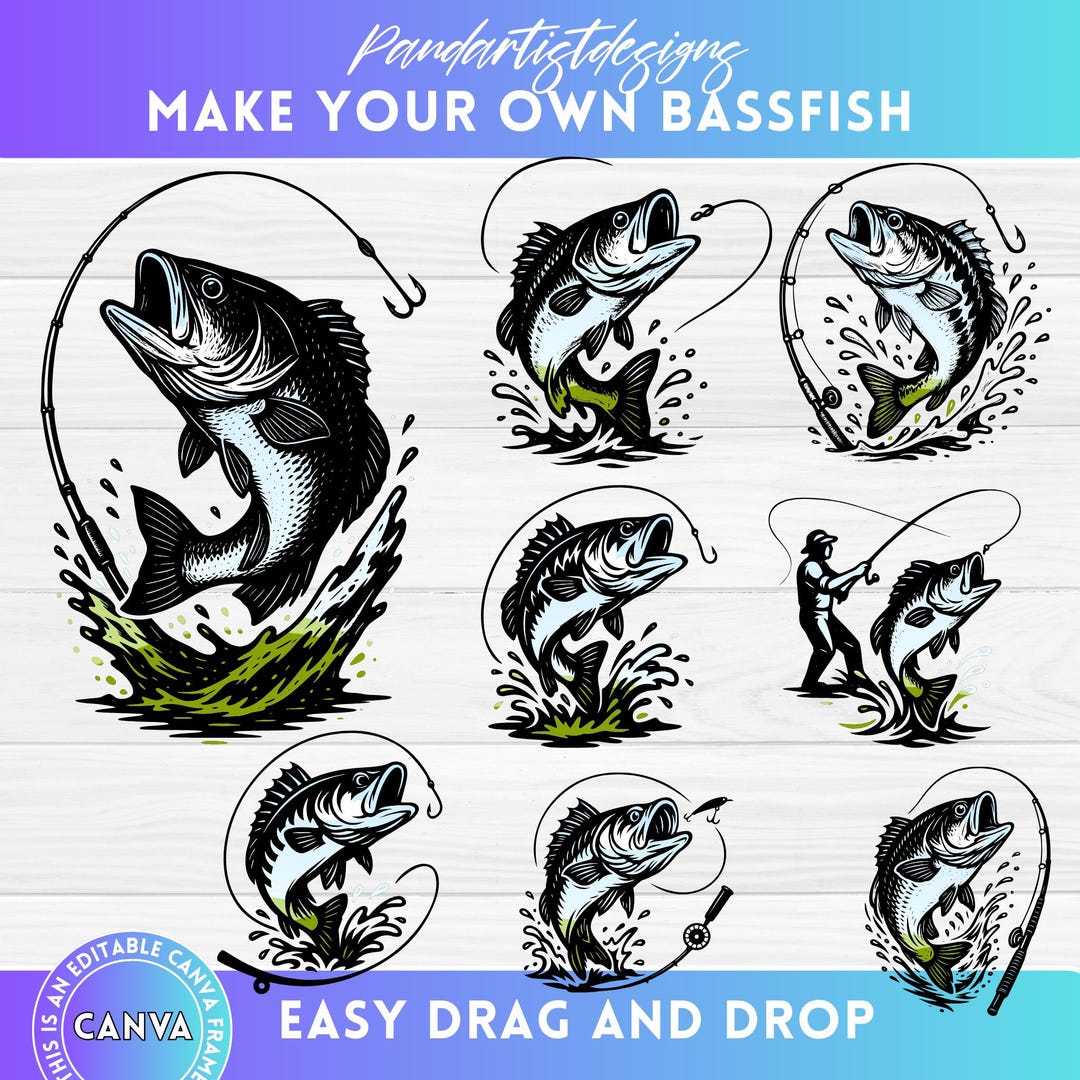 Bass Fishing Art Canva Frames Bundle, Bass Fish Jumping Out of Water ...