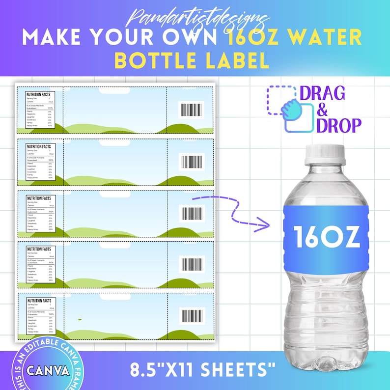 16oz Water Bottle Label Blank Template, Editable Canva Template, Water ...