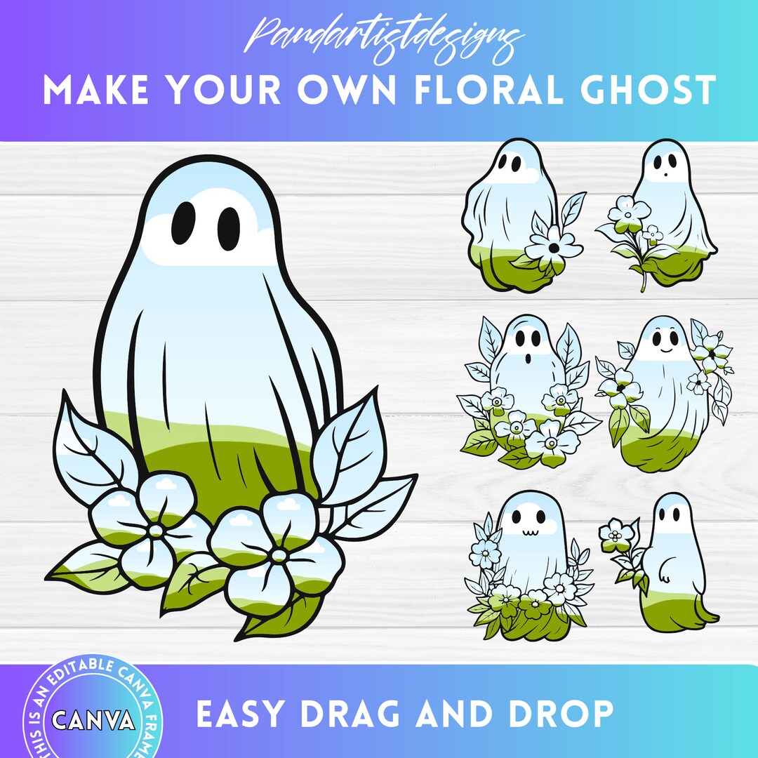 Retro Floral Ghost Canva Frames Bundle Drag and Drop Halloween Spooky ...