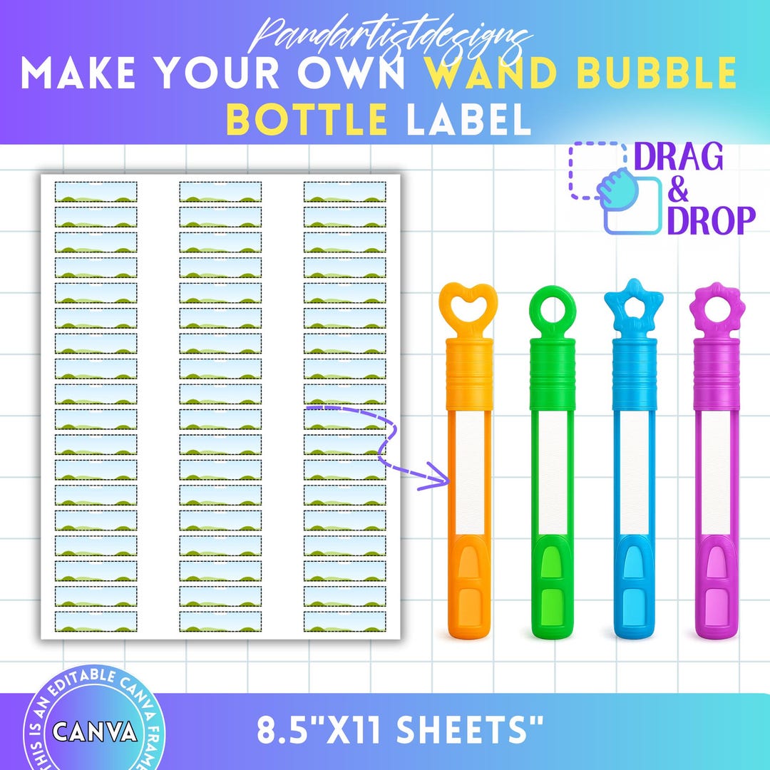 Wand Bubble Bottle Label Editable Canva Template, Kids Party Favor ...