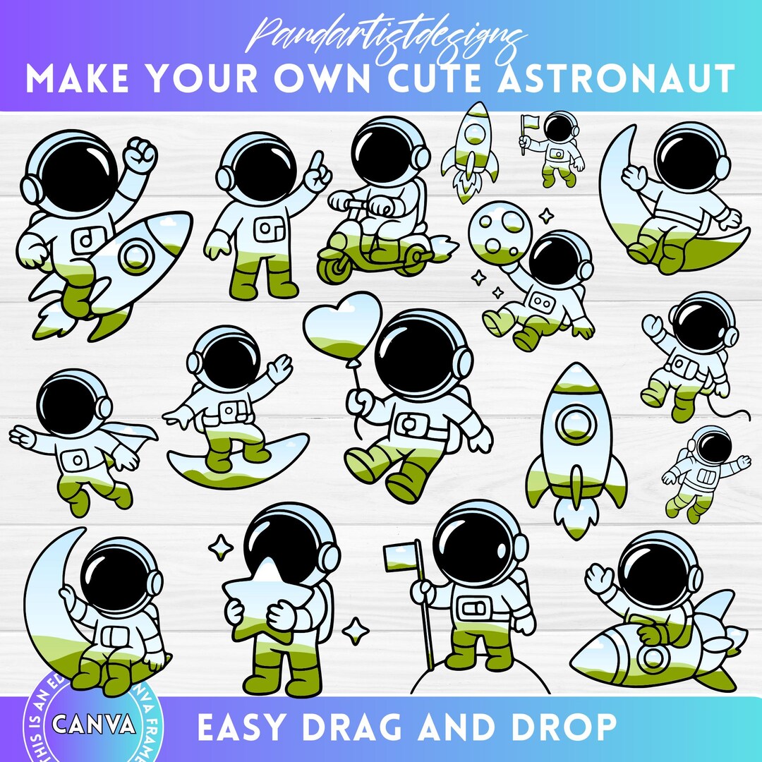 Cute Astronaut CANVA Frames Bundle, Astronaut With Rocket, Outer Space ...