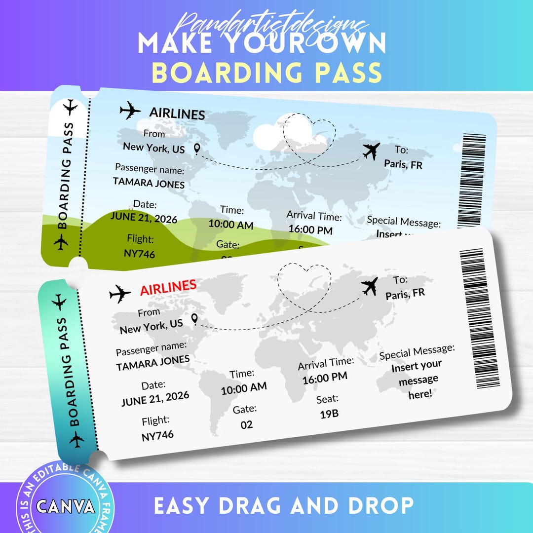 Editable Boarding Pass Canva Template, Printable Personalized Airline ...