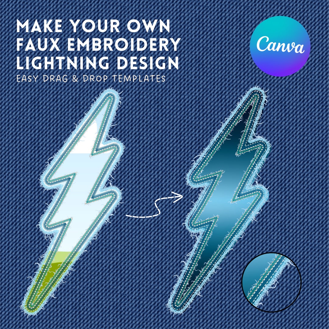 Digital Stitch Lightning Bolt PNG, Faux Embroidery Applique, Easy Drag ...