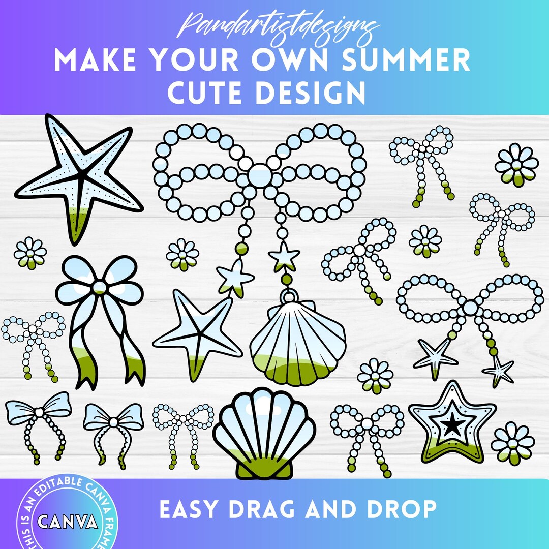 Coquette Pearl Bow Canva Frame Template, Summer Clam Coquette, Beach ...