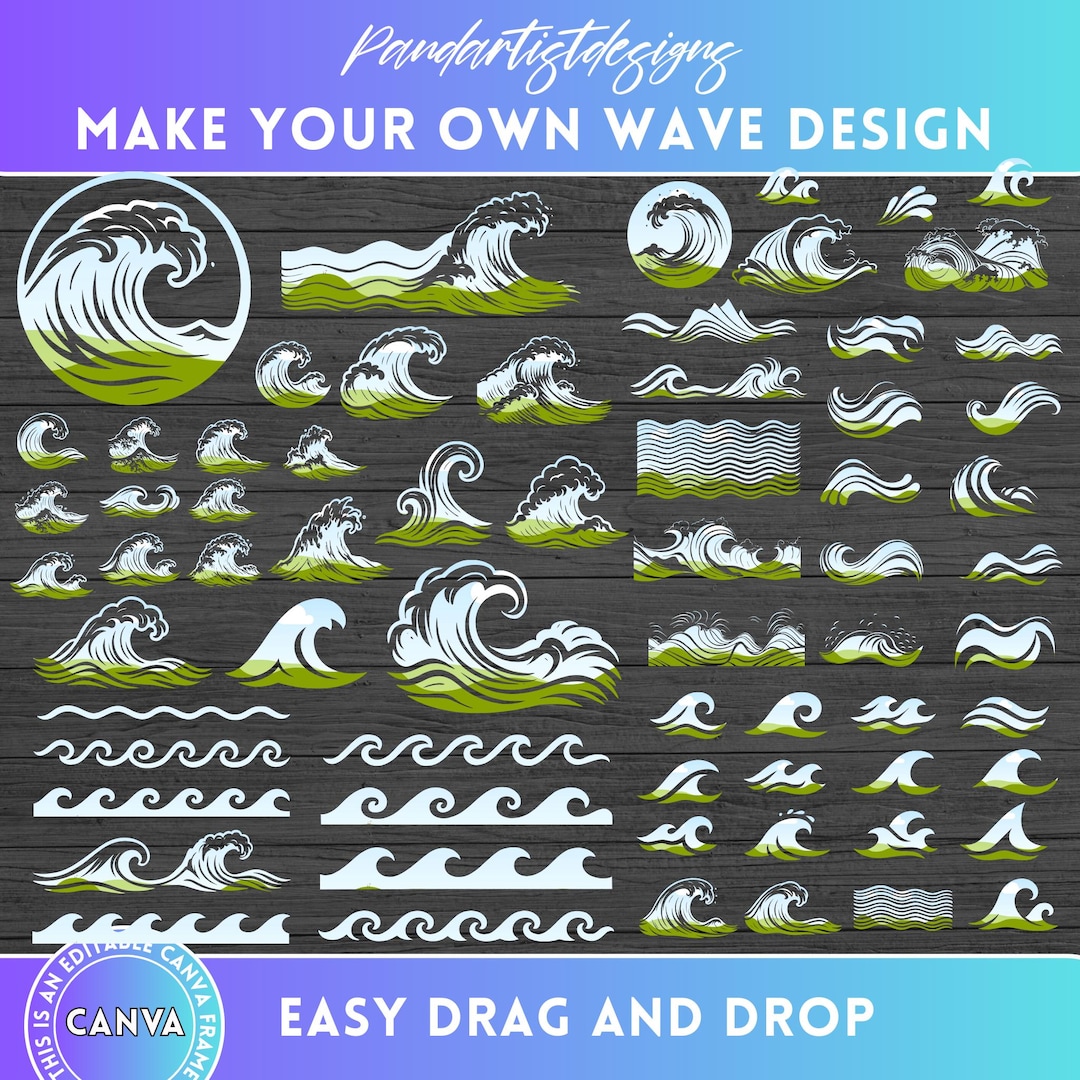 Wave Canva Frames Bundle, Japanese Waves Designs, Ocean Svg, Drag and ...