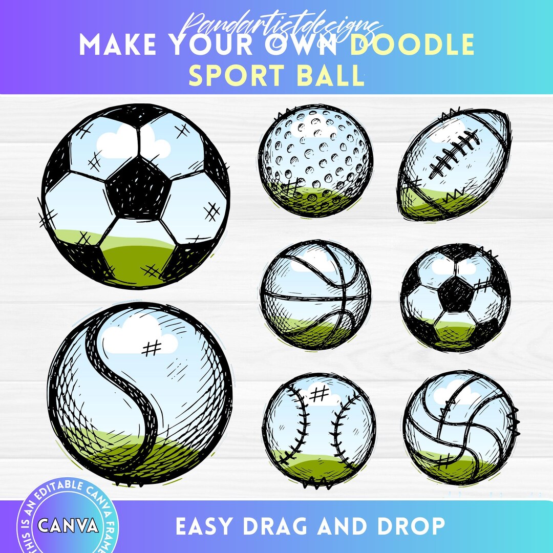 Doodle Sports Balls Editable Canva Frames, Baseball Design, Football ...