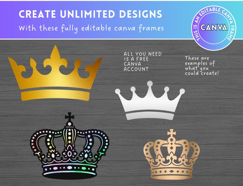 Royal Crown Editable Canva Frames Bundle, King Crown Clipart, Queen ...