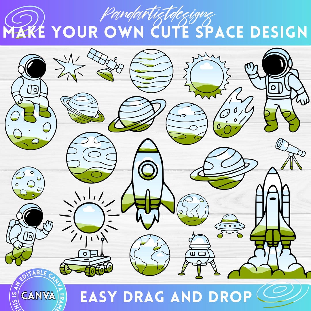 Outer Space CANVA Frames Bundle, Planets Designs, Galaxy Clipart, Cute ...