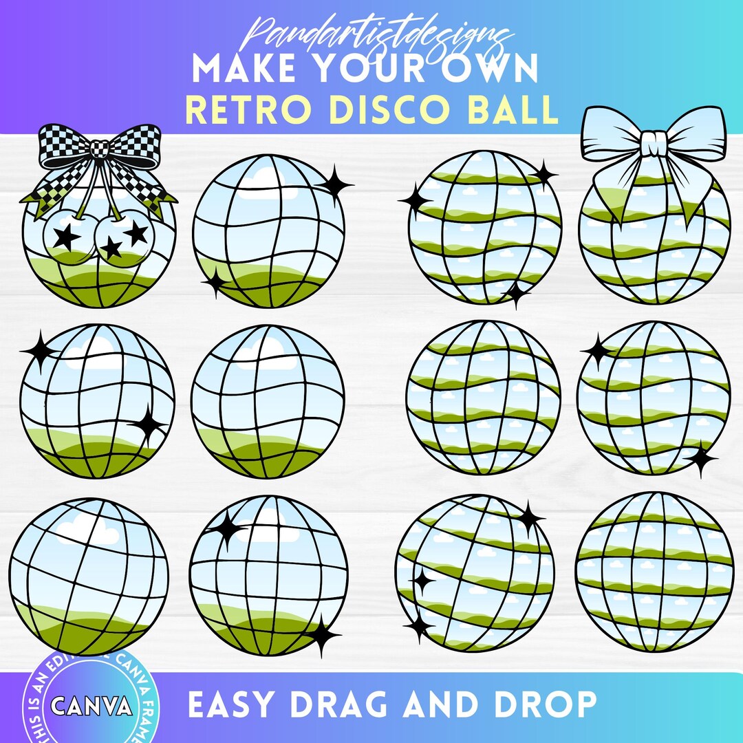 Retro Disco Ball Canva Frames Bundle, Coquette Bow, Drag and Drop ...