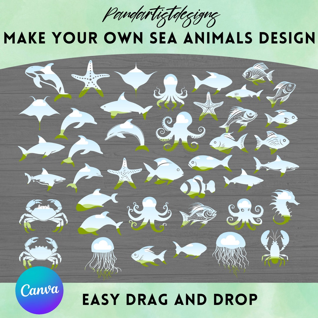 Sea Animals Canva Frames Bundle Fish Octopus Whales Shark Dolphin Png ...