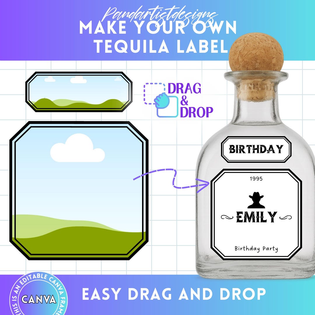 Modelo de rótulo de tequila editável do Canva para garrafa quadrada ...